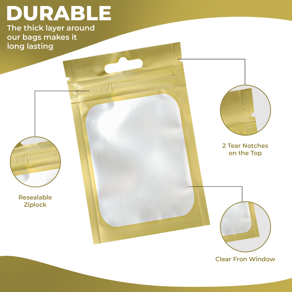 Gold Mylar Ziplock Bags with Clear Window 100 Pieces – Space Seal Packaging